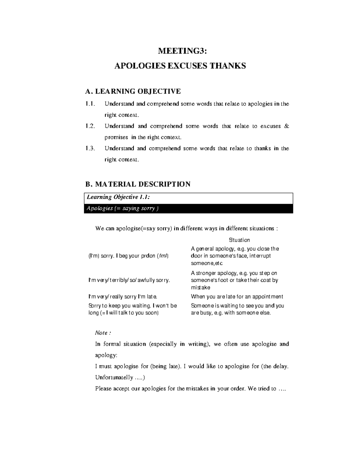 Meeting 3 Apologies Excuses Thanks - MEETING3: APOLOGIES EXCUSES THANKS ...