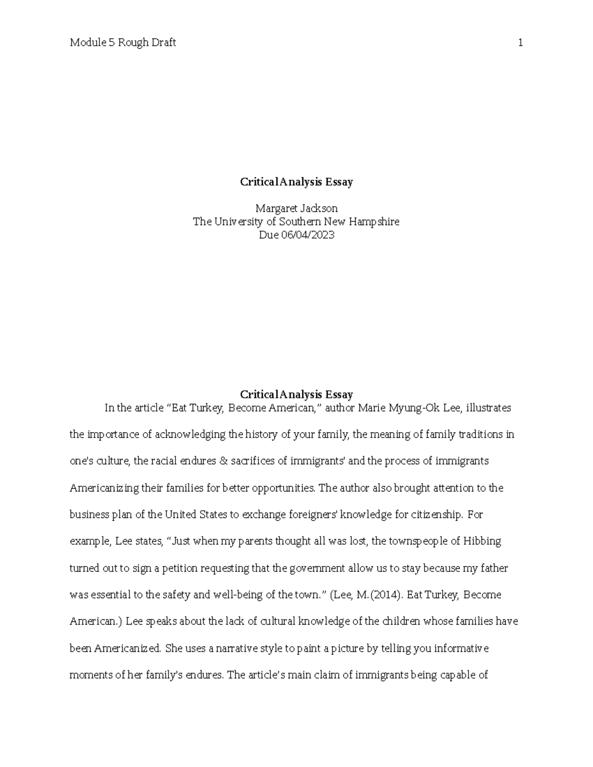 Critical Analysis Essay - Critical Analysis Essay Margaret Jackson The ...