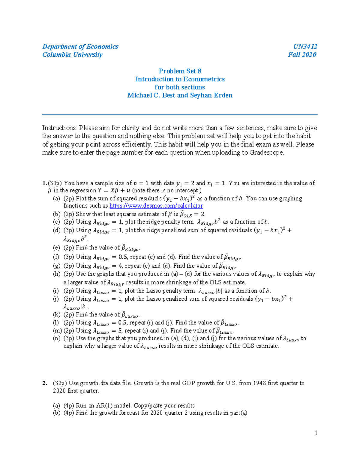Ps8 Fall 2020 - pset 8 - 1 Department of Economics UN Columbia University Fall 2020 Problem Set ...