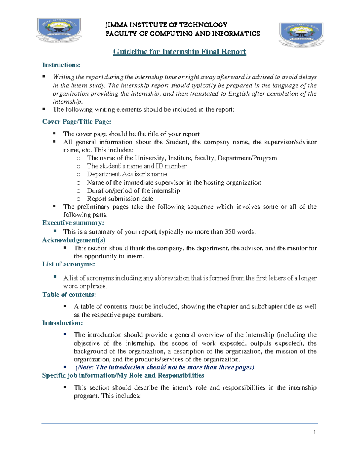 FCI Internship guideline report - JIMMA INSTITUTE OF TECHNOLOGY FACULTY OF COMPUTING AND ...
