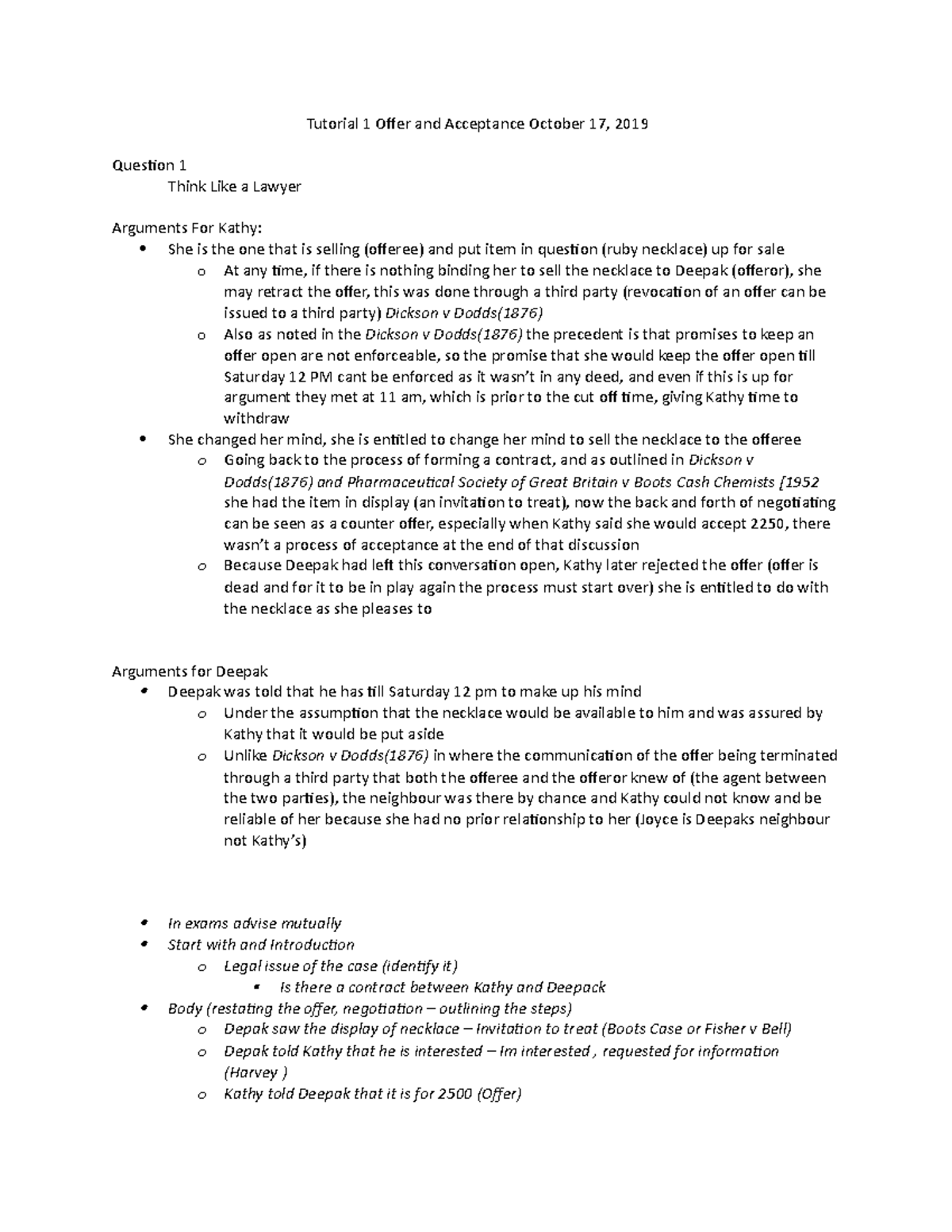 Tutorial 1 Answers - Tutorial 1 Offer and Acceptance October 17, 2019 ...