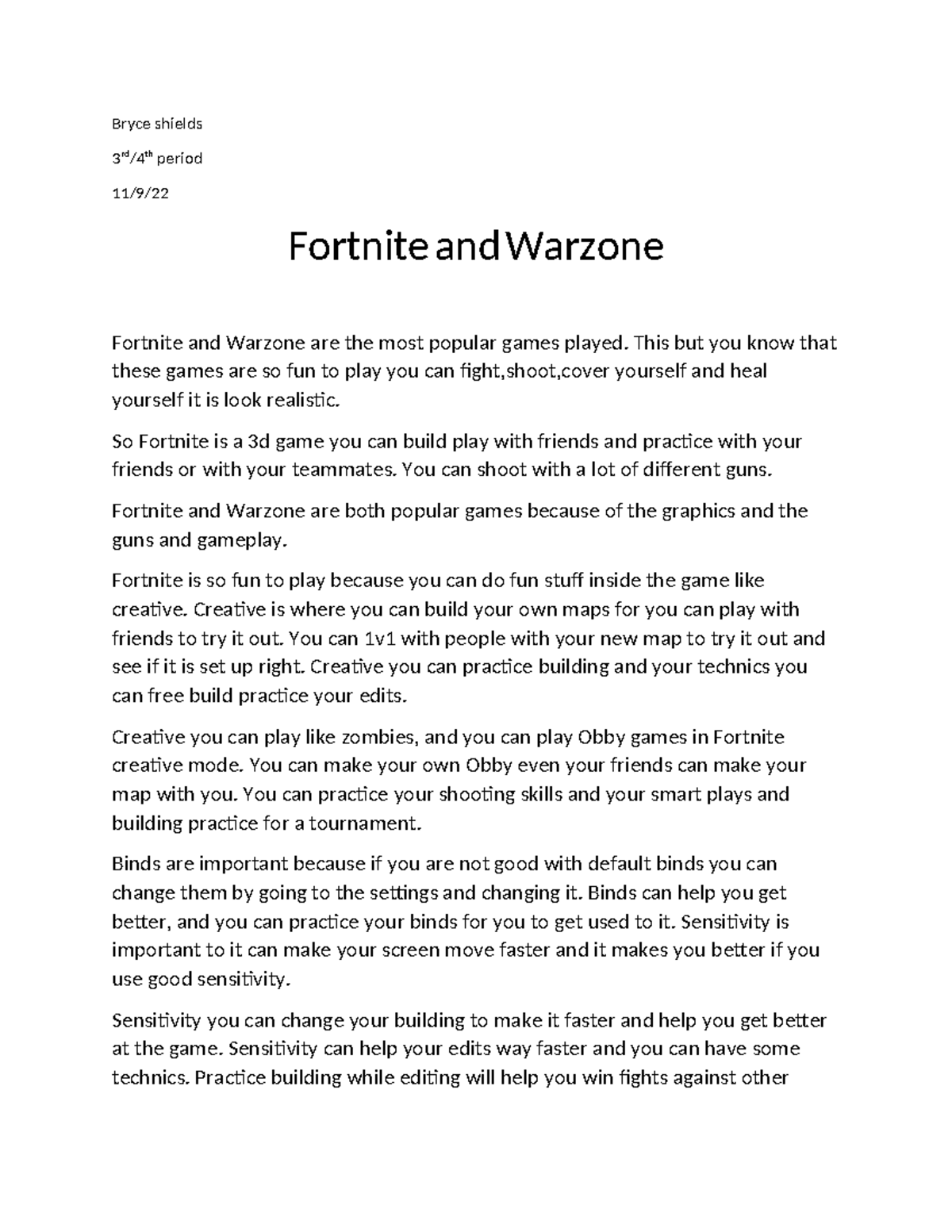 Essay - anwer key - Bryce shields 3 rd/4th period 11/9/ Fortnite and ...