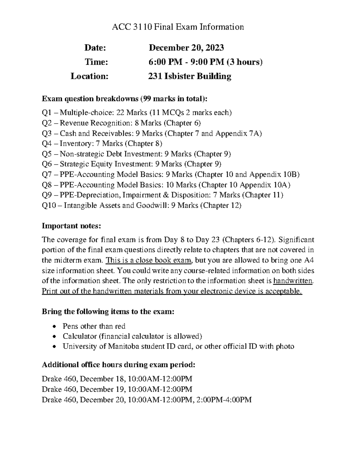Final Exam Information - ACC 3110 Final Exam Information Date: December ...