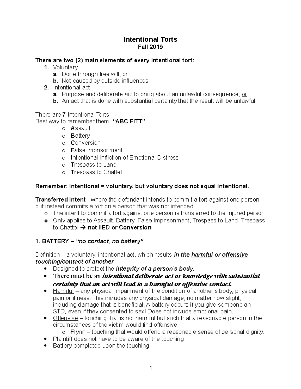 Intentional Torts Defenses Negligence - Intentional Torts Fall 2019 ...