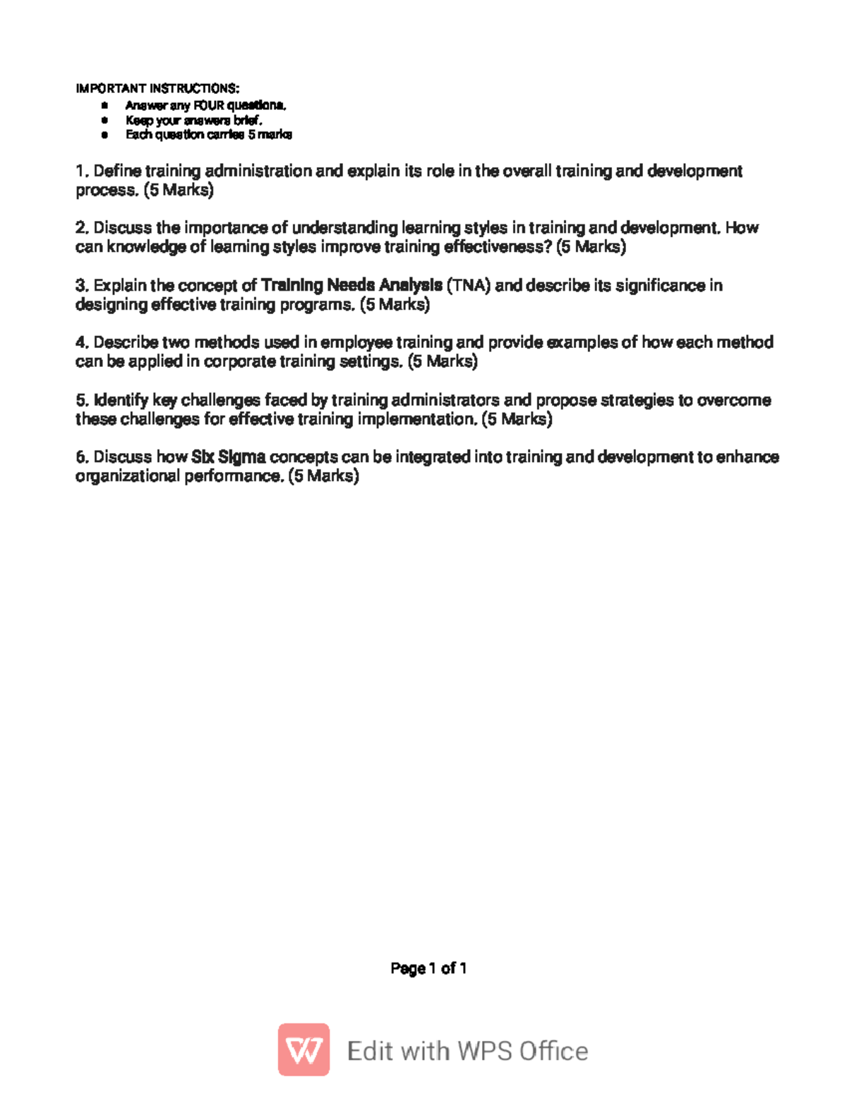 Training And Development Test - Page 1 of 1 IMPORTANT INSTRUCTIONS ...