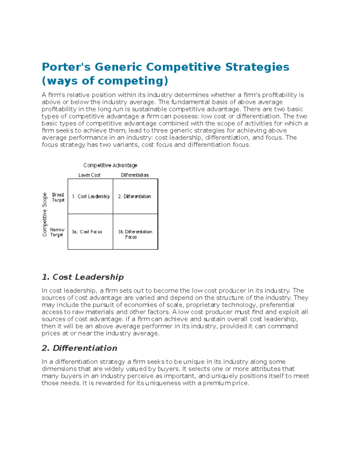 Porter's competitive strategies - Porter's Generic Competitive ...