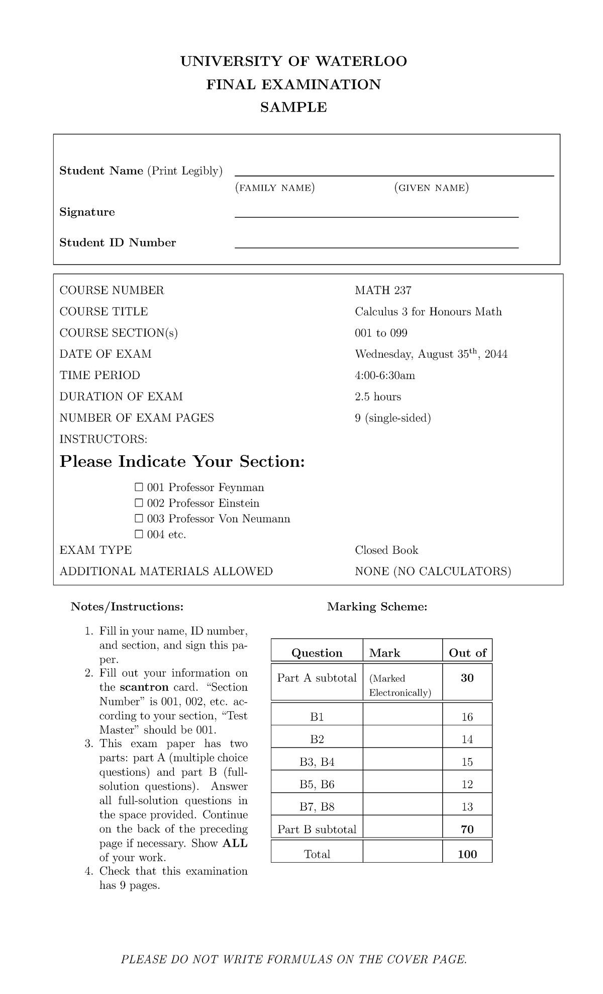 Sample final 1 - UNIVERSITY OF WATERLOO FINAL EXAMINATION SAMPLE ...