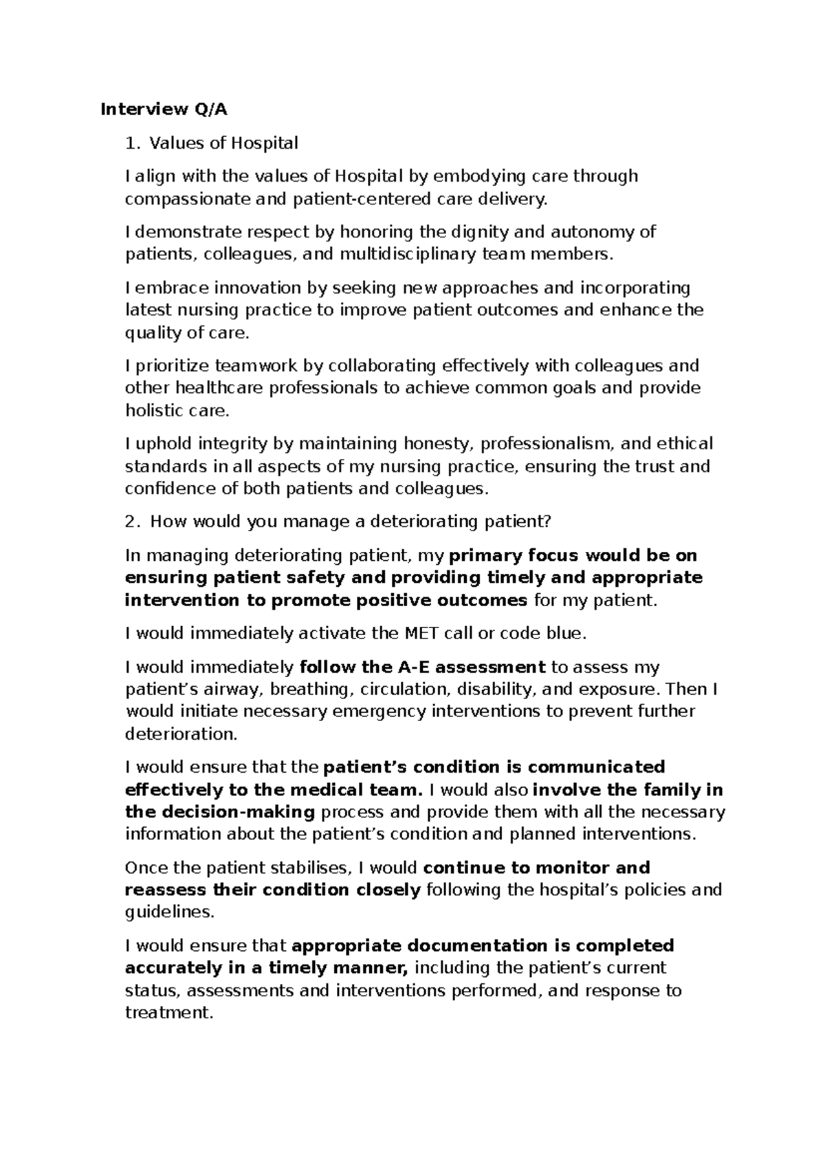 Interview Q:A - Interview Q/A 1. Values of Hospital I align with the ...