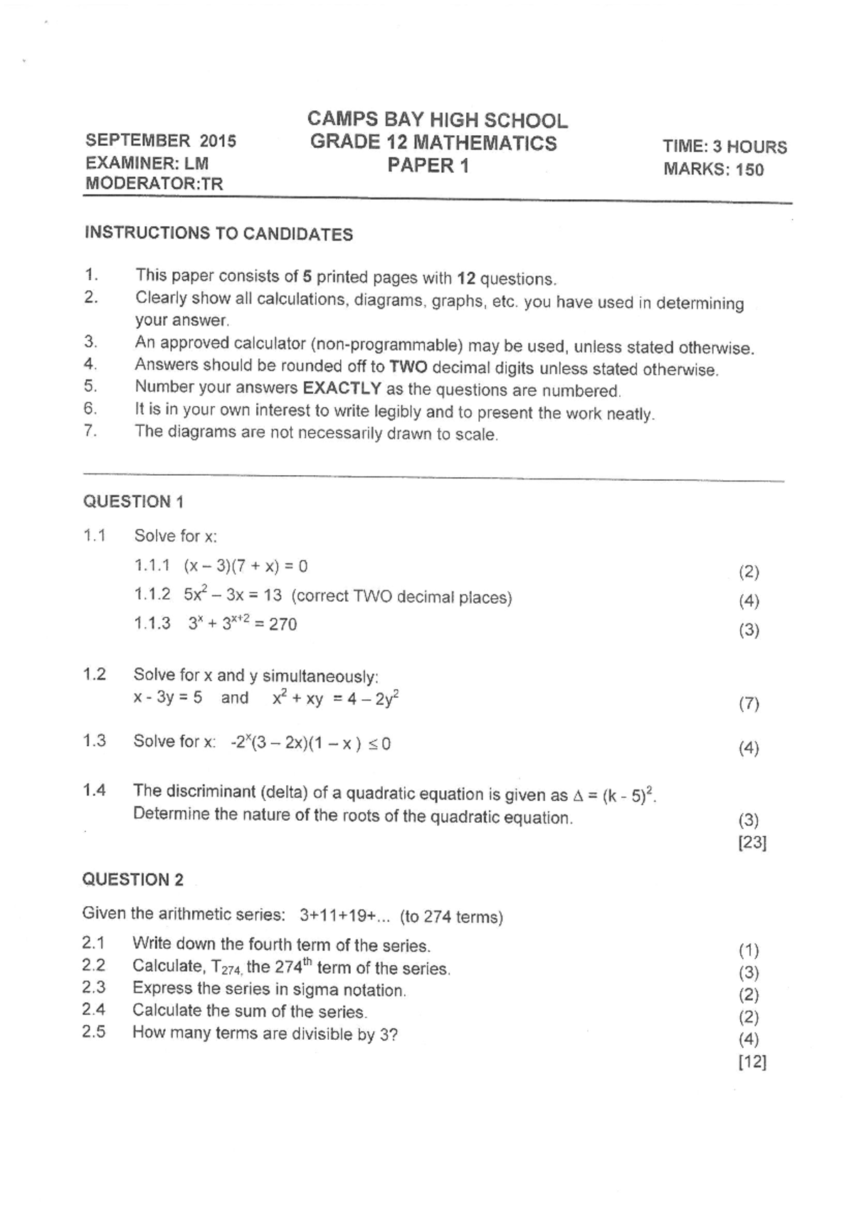 2015 - Prelims- Maths - Grade 12 Paper 1 - Studocu