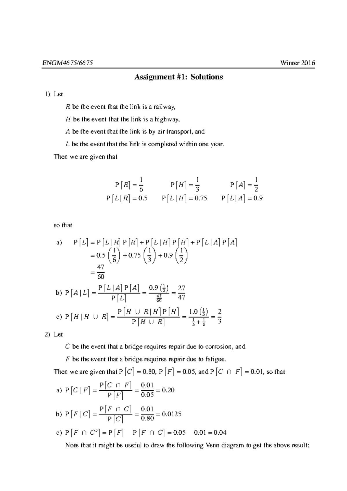 Soln1 - Assignment asnwers - ENGM4675/6675 Winter 2016 Assignment #1: Solutions Let R be the ...