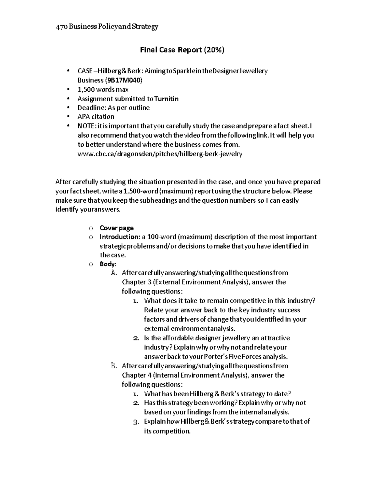 470 Final Case Report - business assignment - 470 Business Policy and ...