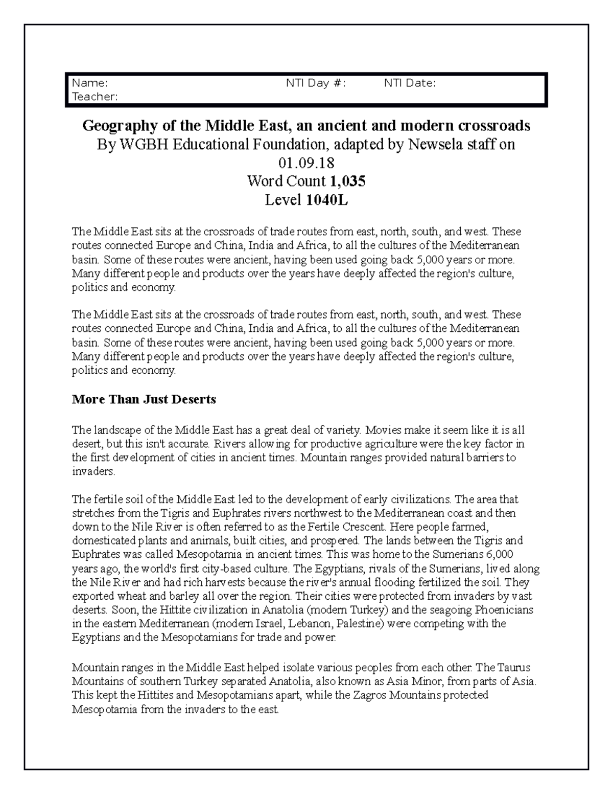 Geography of the middle east g7 day 5 - Name: NTI Day #: NTI Date ...