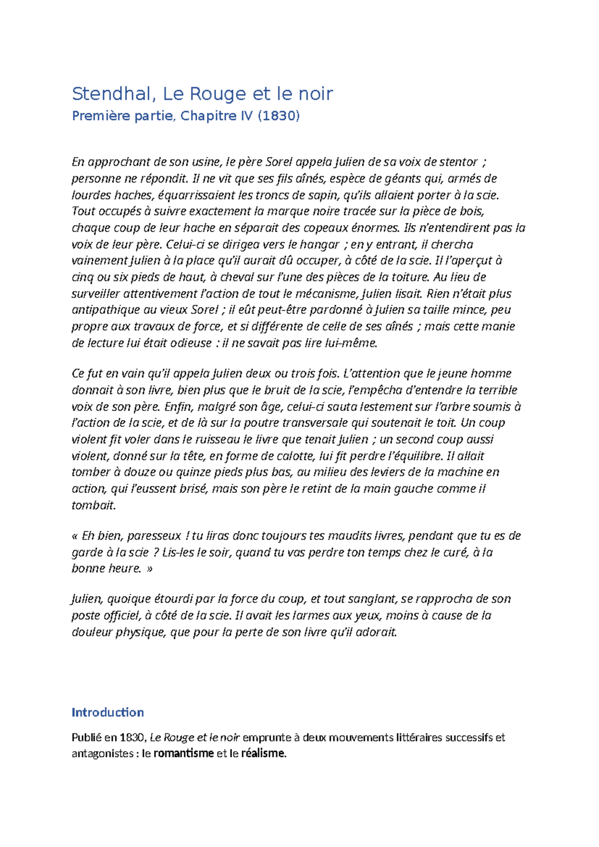 Analyse linéaire Le Rouge et le noir Partie 1 Chapitre IV - Stendhal ...