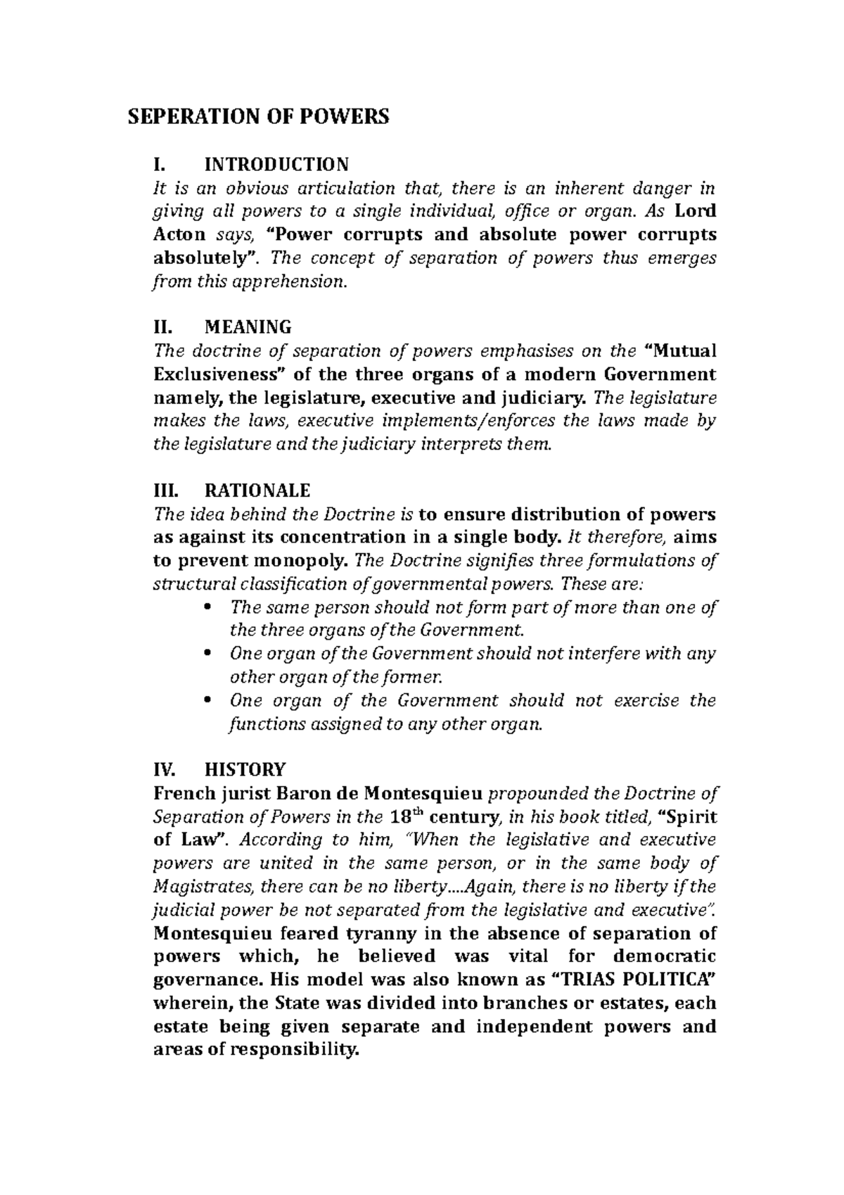 Seperation-of-powers - SEPERATION OF POWERS I. INTRODUCTION It is an ...