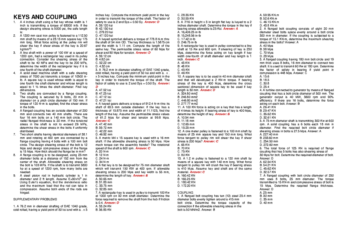 Pdfcoffee - Keys - KEYS AND COUPLING A 4 inches shaft using a flat key ...