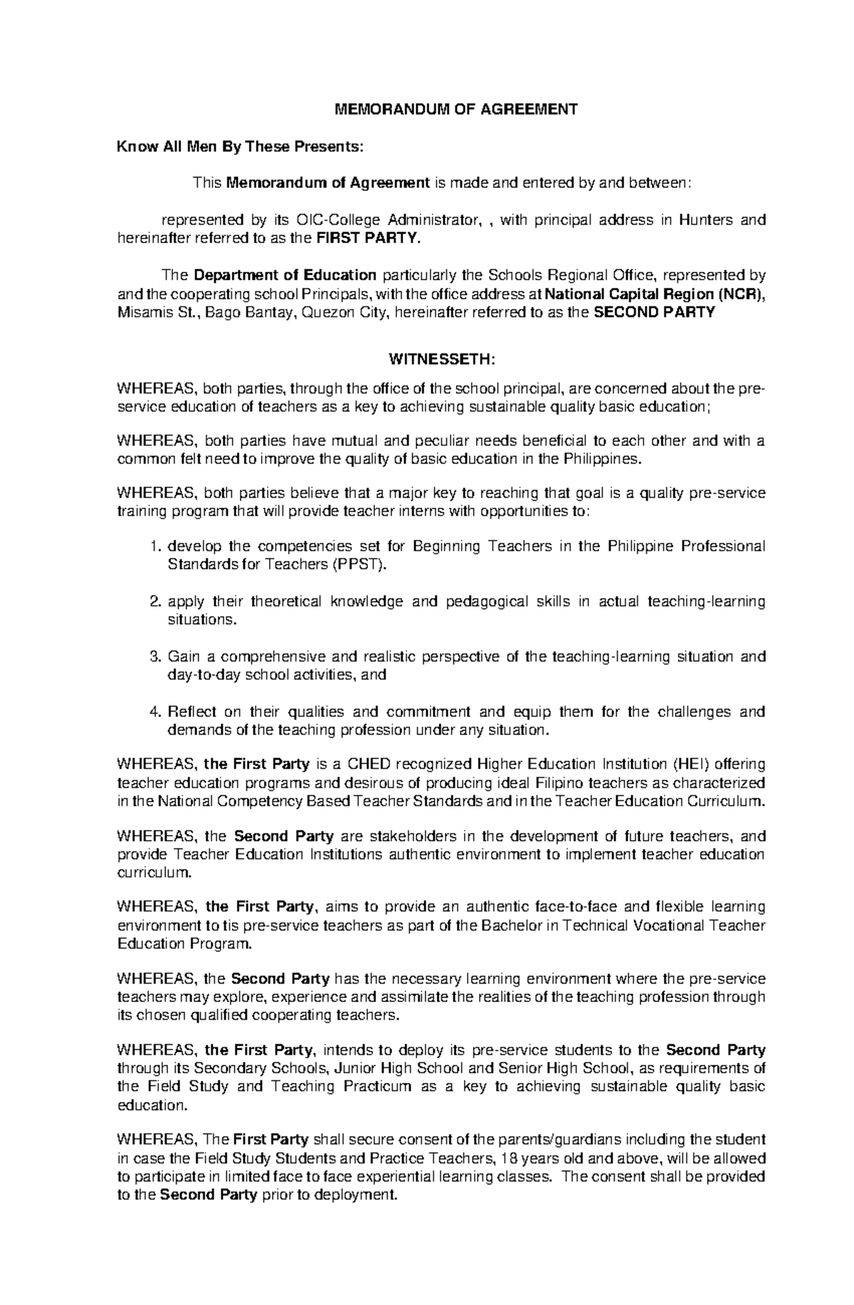 MOA Sample - MEMORANDUM OF AGREEMENT Know All Men By These Presents: This Memorandum of ...