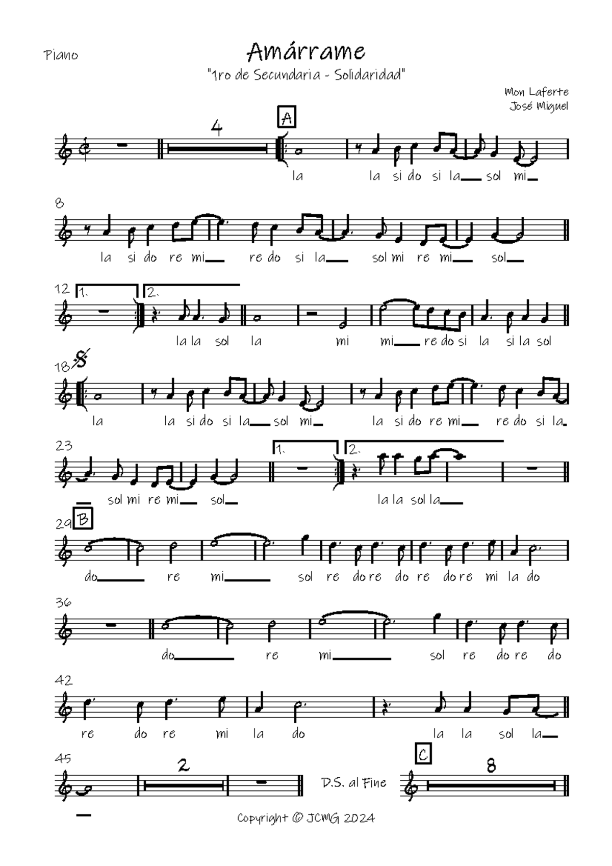 Amárrame - Piano - Copyright © JCMG 2024 Piano ° ¢ ™™ la la si do si la ...