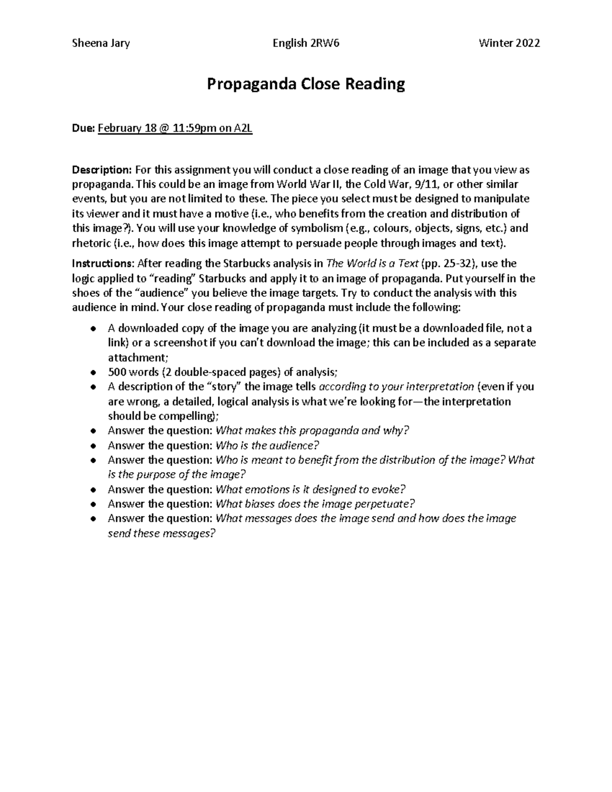 2RW6 propaganda close reading, rubric - Sheena Jary English 2RW6 Winter ...