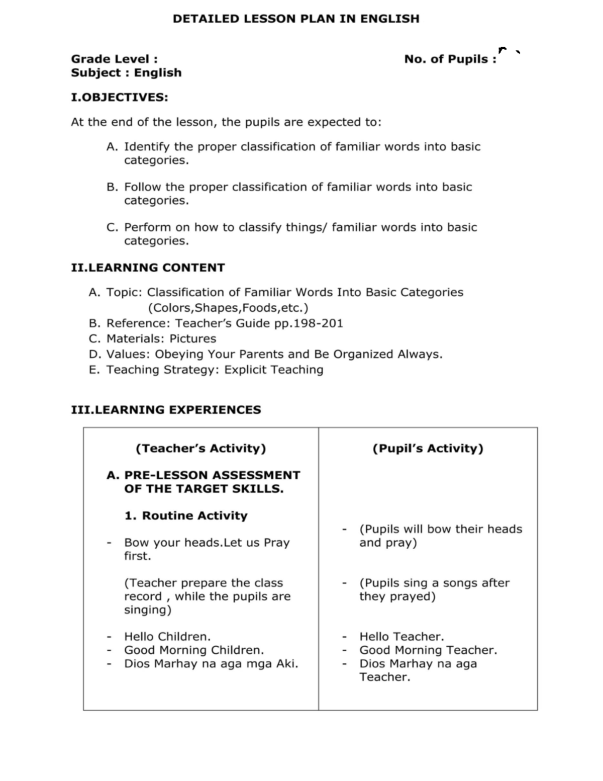 Final-lesson-plan - good luck! - DETAILED LESSON PLAN IN ENGLISH T Grade Level : No. of Pupils ...