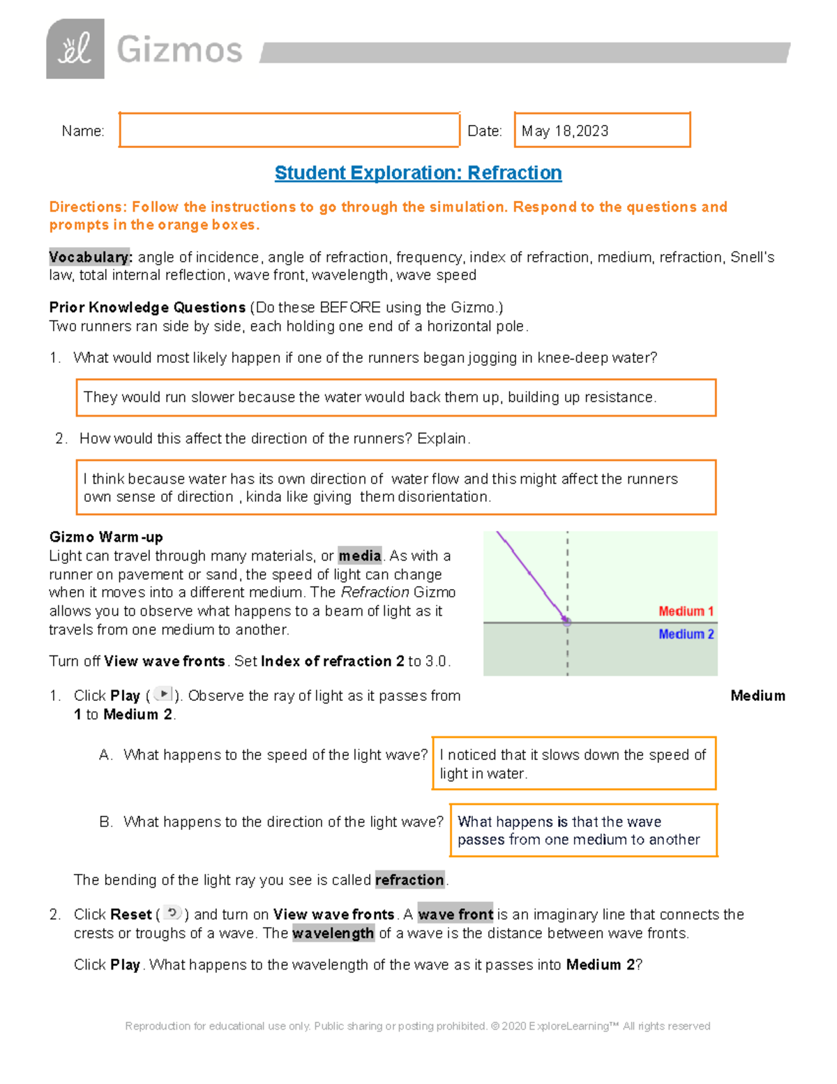 Student Exploration of Refraction (Gizmo) - Name: Date: May 18, Student ...