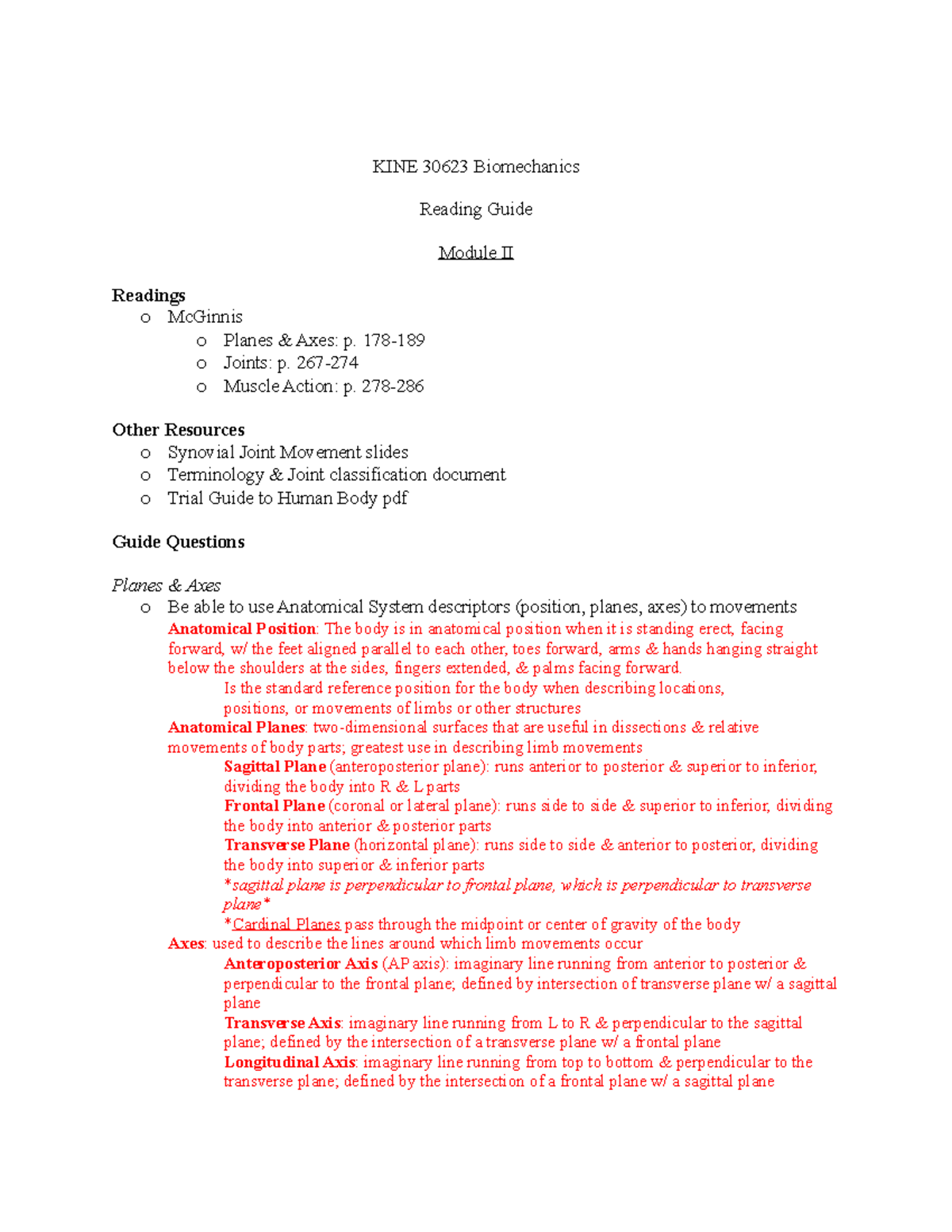 Module II Reading Guide - KINE 30623 Biomechanics Reading Guide Module ...