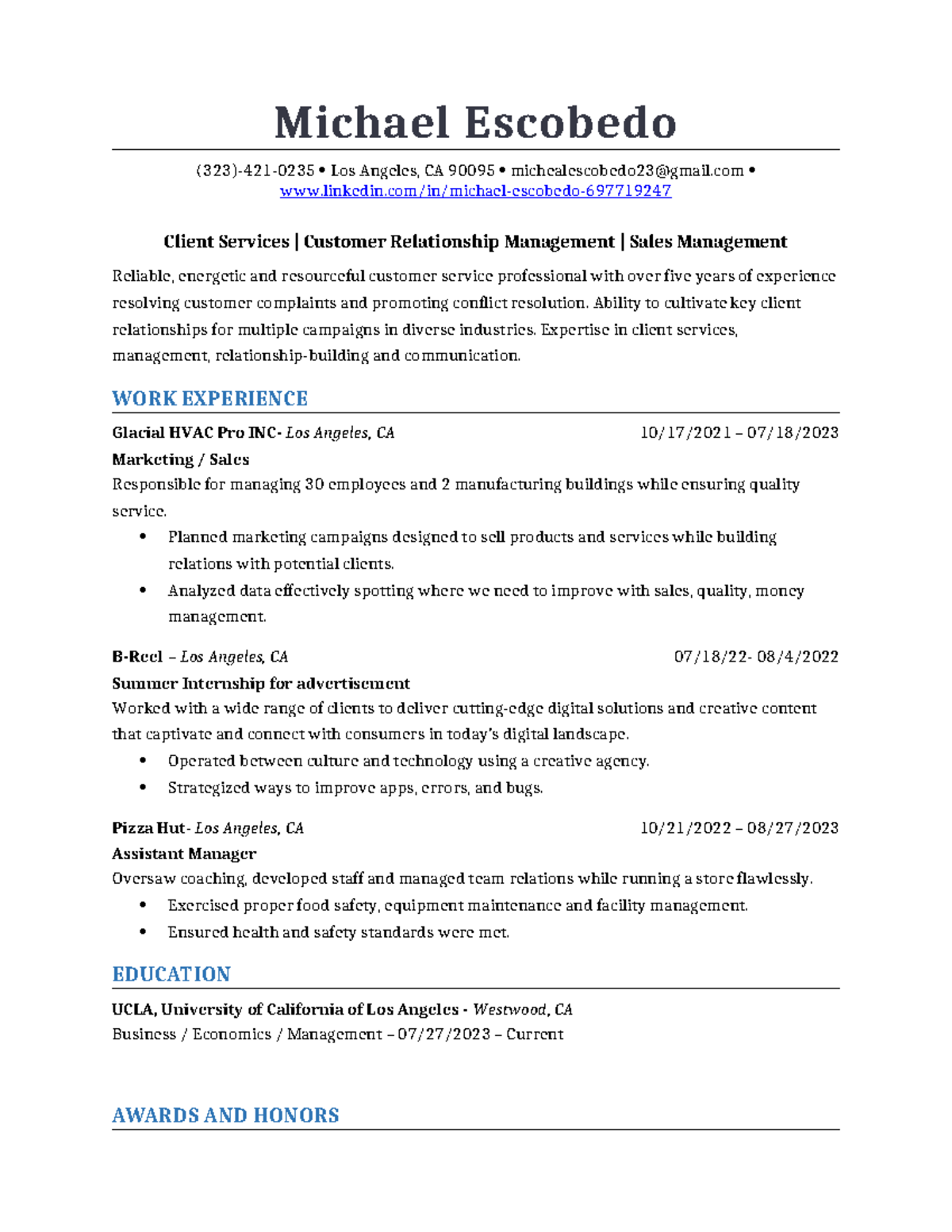 JOBS - Michael Escobedo (323)-421-0235 Los Angeles, CA 90095 ...