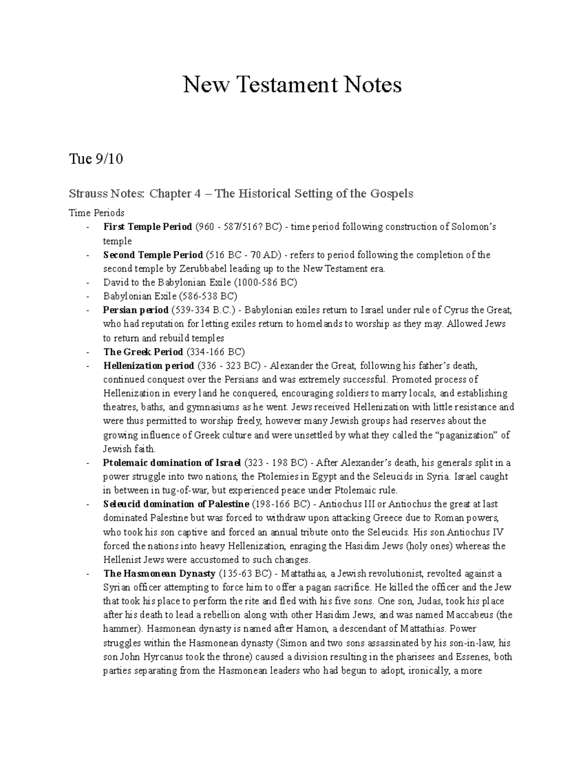 New Testament notes - New Testament Notes Tue 9/ Strauss Notes: Chapter ...