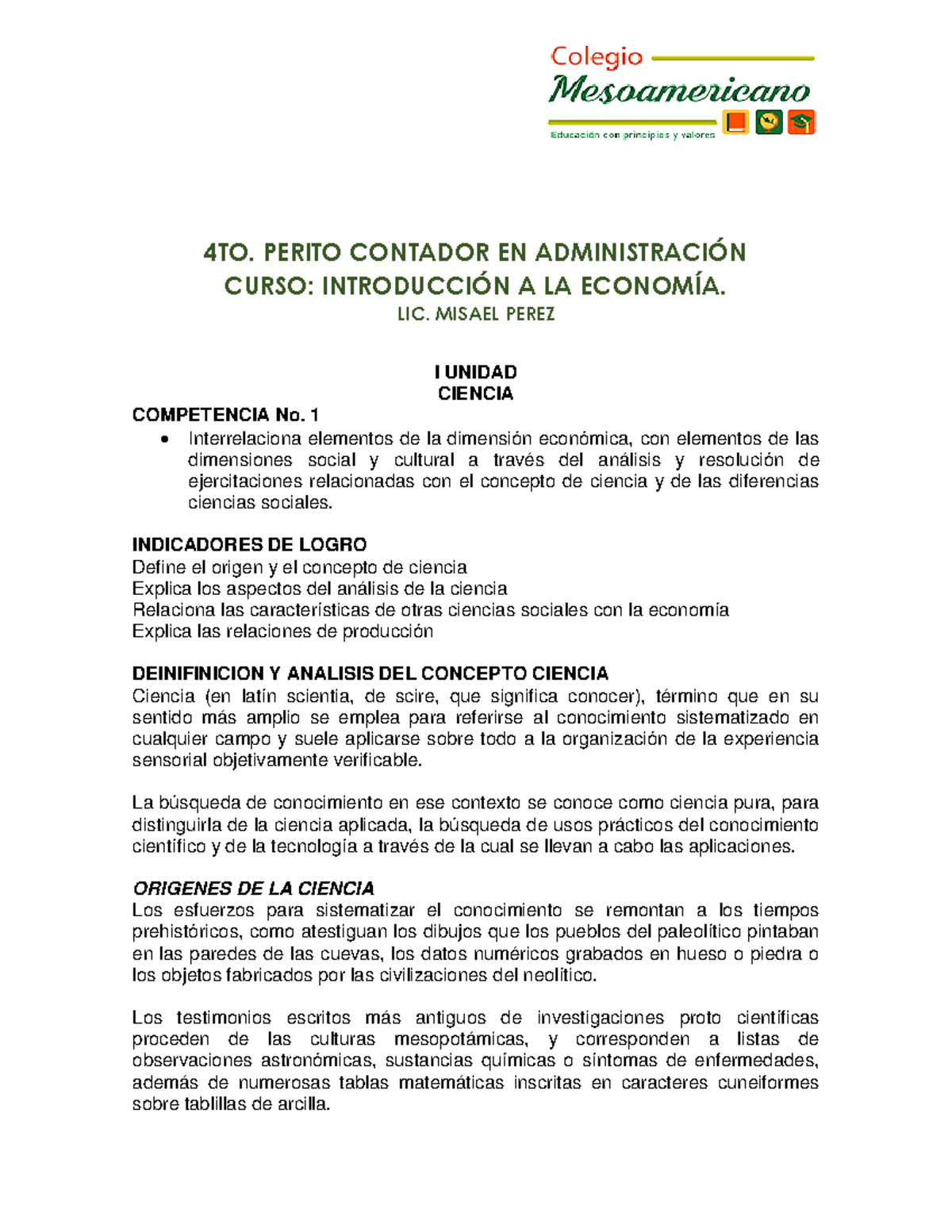 I Unidad Ciencia 01i - Nomás es algo de economía. - 4TO. PERITO CONTADOR EN ADMINISTRACI”N CURSO ...