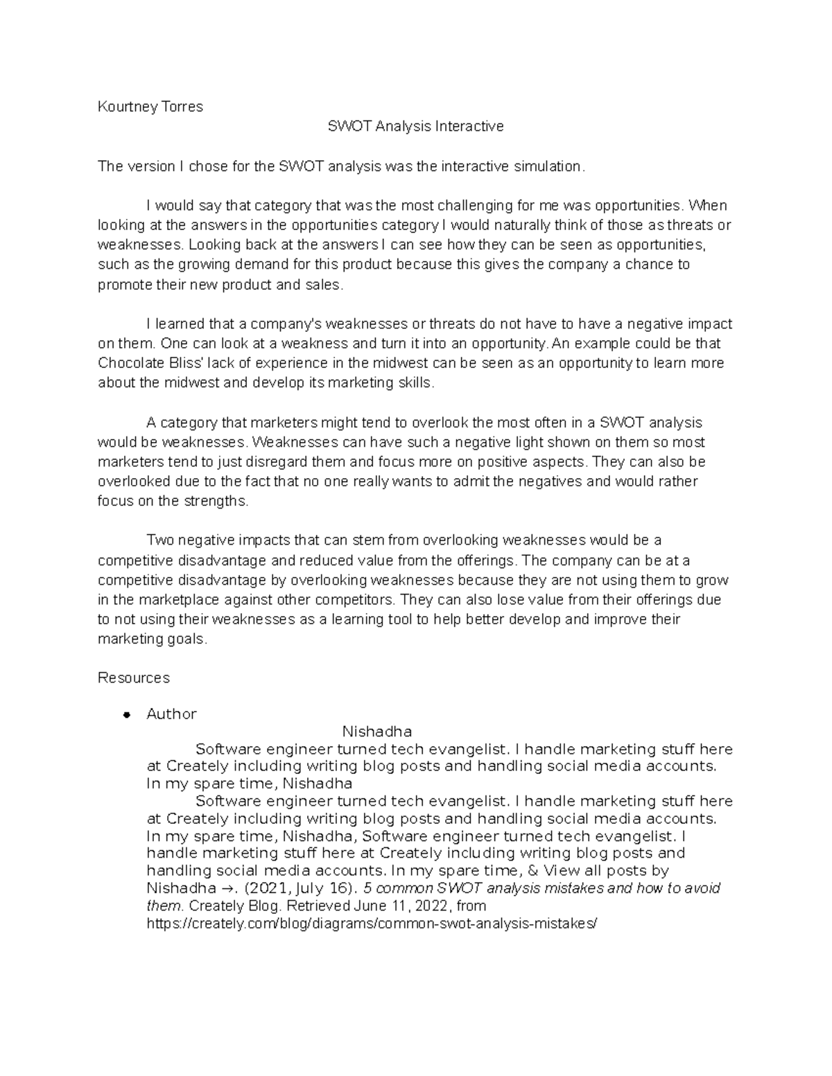 6-2 SWOT - this is a swot analysis reflection piece. - Kourtney Torres ...