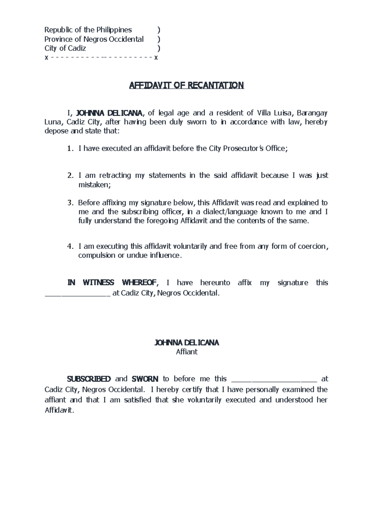 Recantation - Republic of the Philippines ) Province of Negros ...