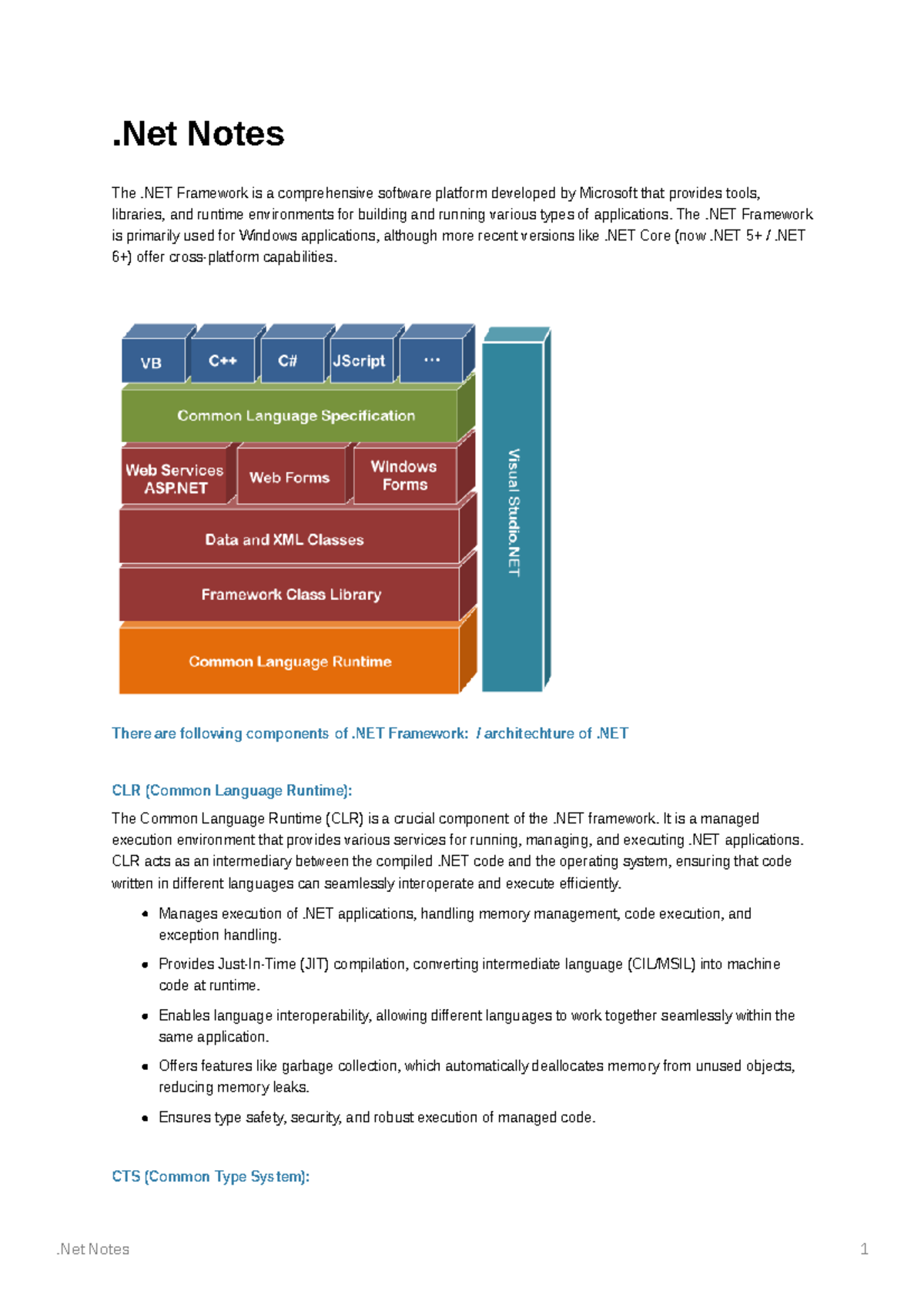 .Net Technologies Notes - SYCS Sem 4 - .Net Notes The .NET Framework is ...