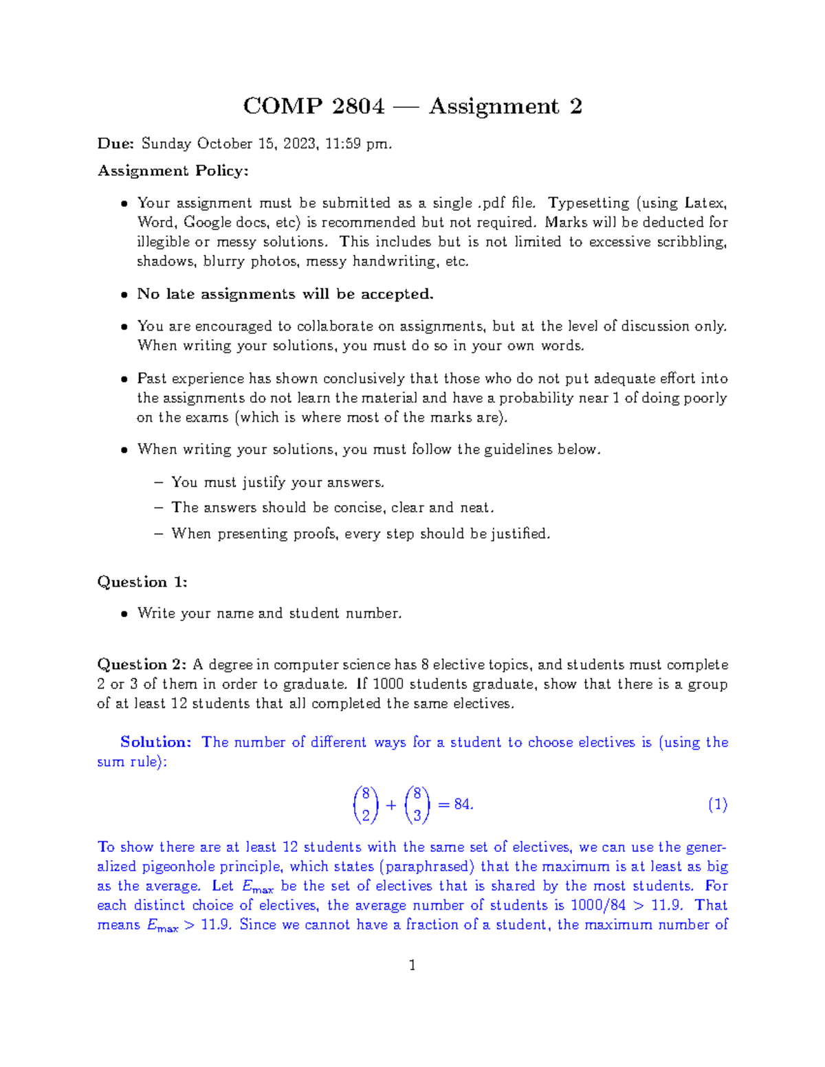 Lectuyre notrs for discrete struvture - COMP 2804 — Assignment 2 Due: Sunday October 15, 2023 ...