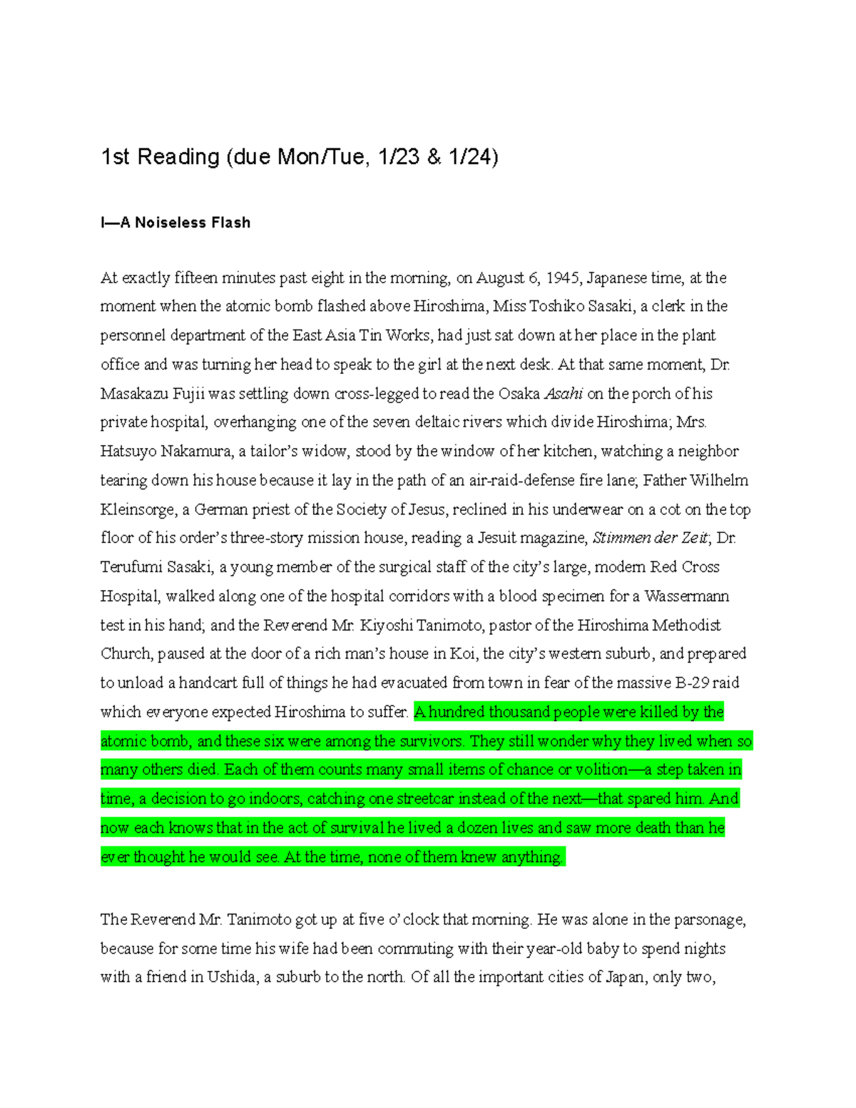 Hiroshima story - Reading - 1st Reading (due Mon/Tue, 1/23 & 1/24) I—A ...