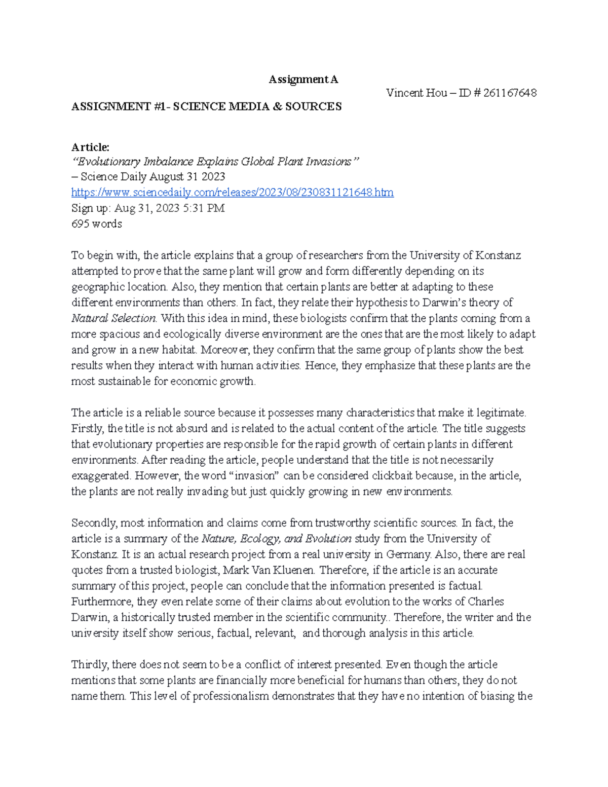 Assignment A Essential Biology. Source Critique - Assignment A Vincent ...