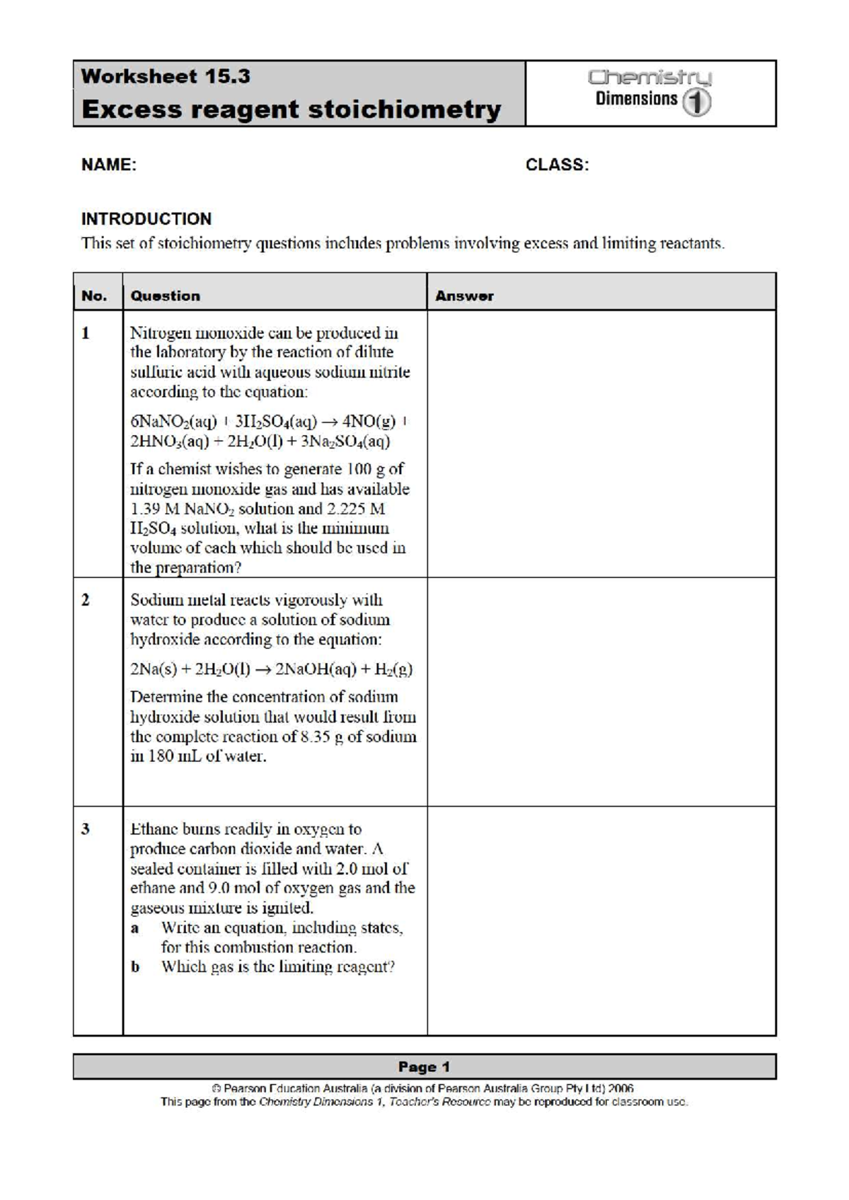 Excess Stoichiometry - something to try - Worksheet 15 hemistry ...