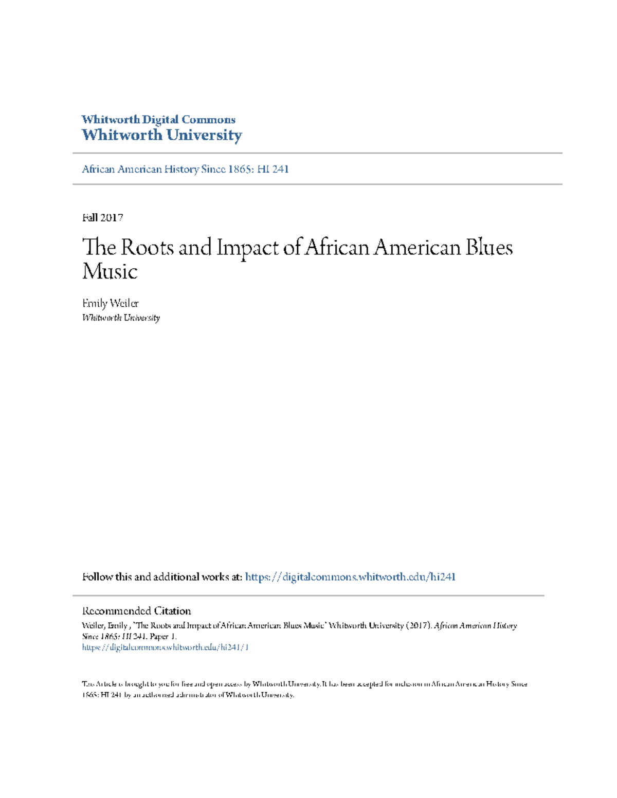 The Roots and Impact of African American Blues Music - Whitworth ...