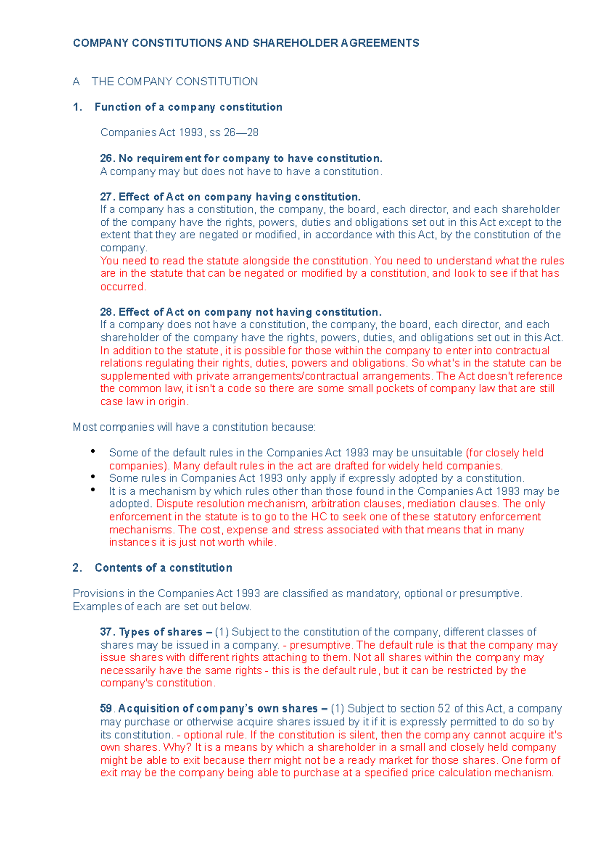 Company Constitutions and Shareholder Agreements - COMPANY ...