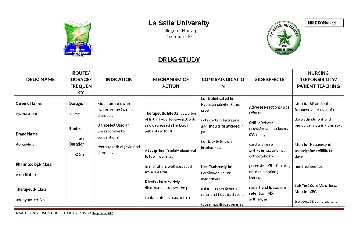 Final drug study - Nursing - La Salle University College of Nursing ...