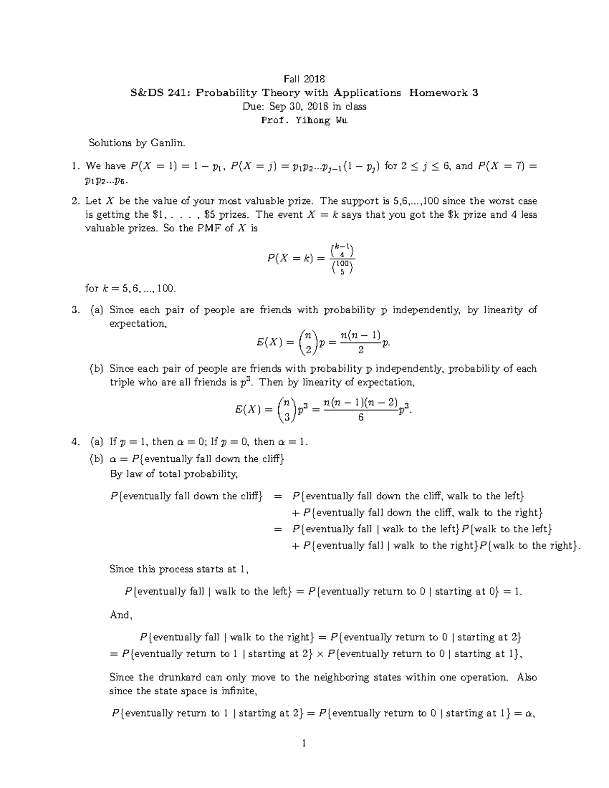 Hw3 solutions - hw 3 solu - Fall 2018 S&DS 241: Probability Theory with ...
