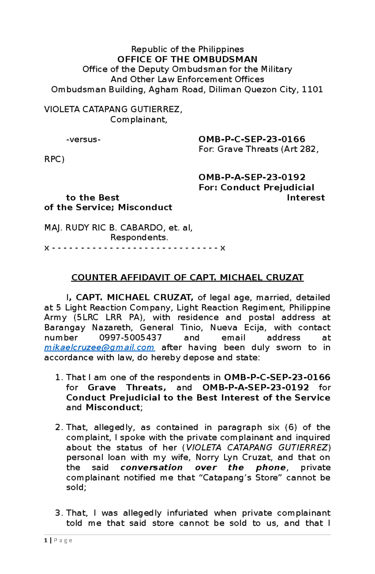 Counter Affidavit-Capt Cruzat - Republic of the Philippines OFFICE OF ...