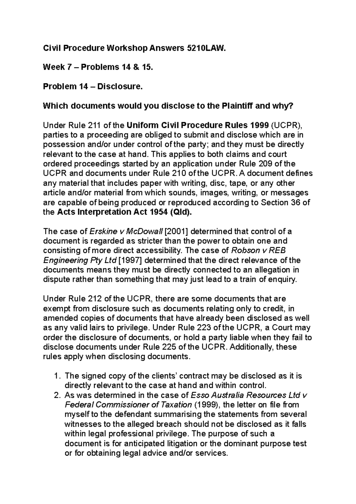 Civil Procedure Workshop Answers 5210LAW - Week 7 - Civil Procedure Workshop Answers 5210LAW ...