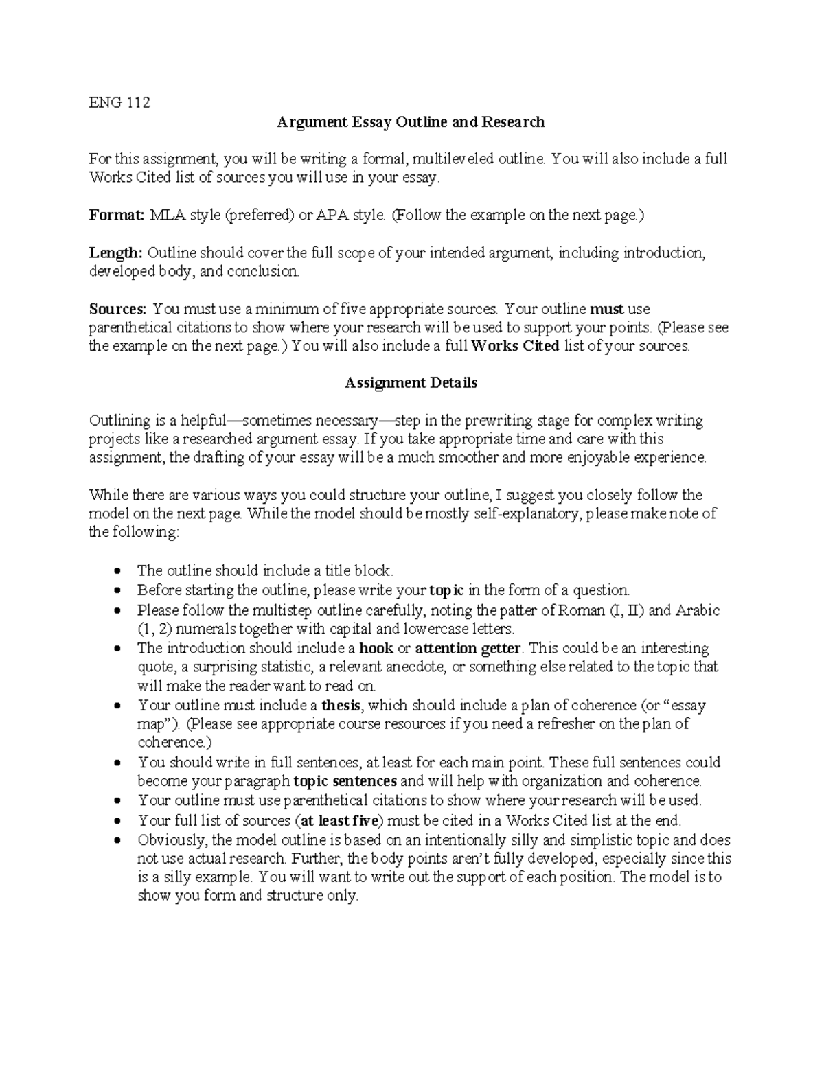 Argument Essay Outline Overview and Example - ENG 112 Argument Essay ...