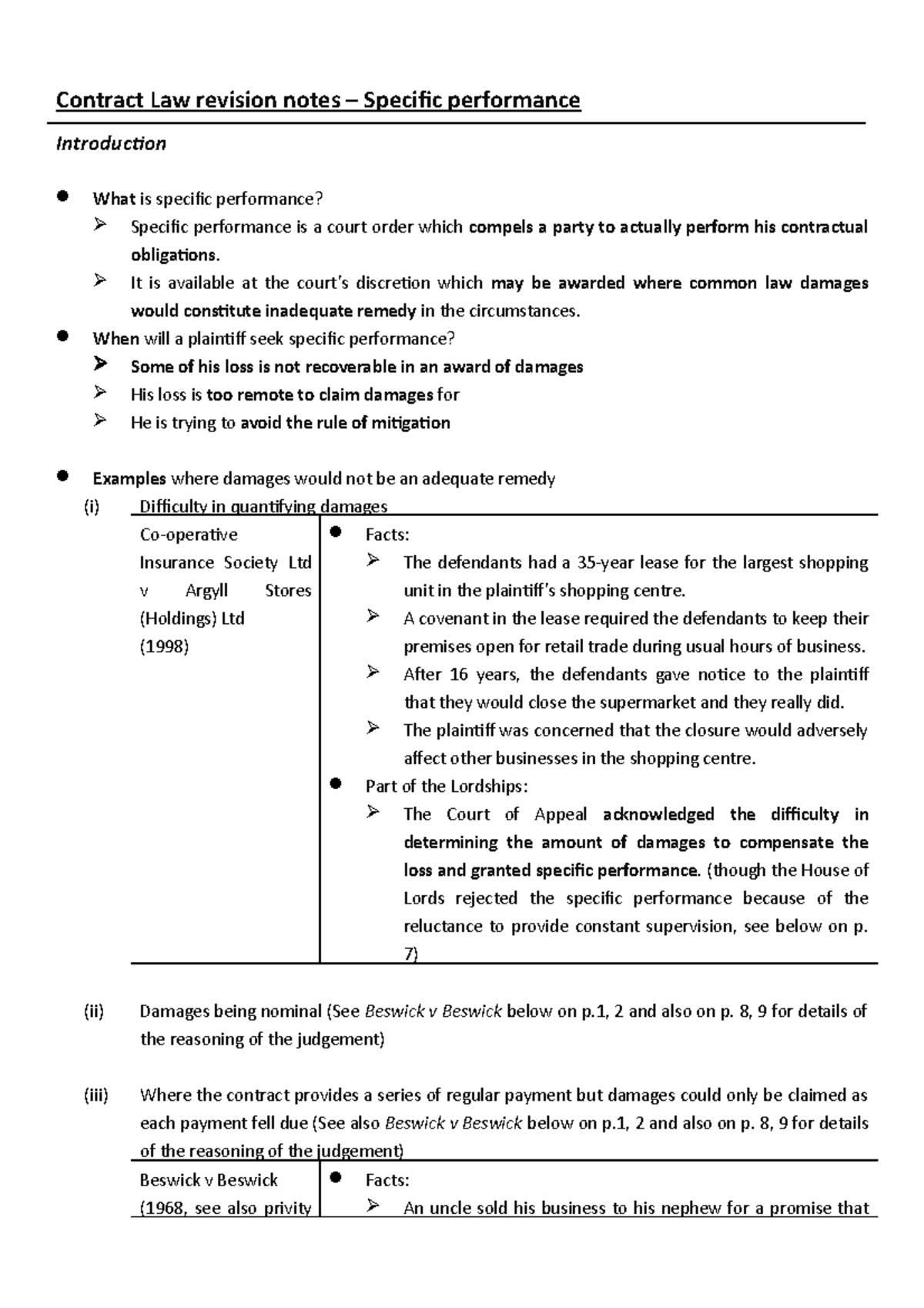 Specific Performance - This is the precise note for contract law course ...