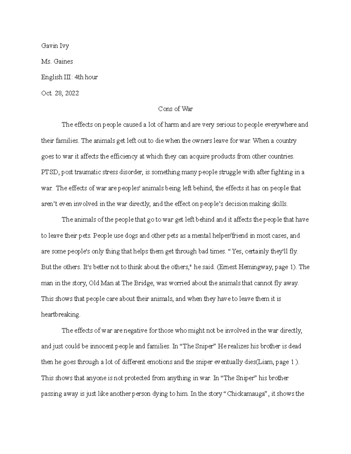 Cons of War - Gavin Ivy - war - Gavin Ivy Ms. Gaines English III: 4th ...