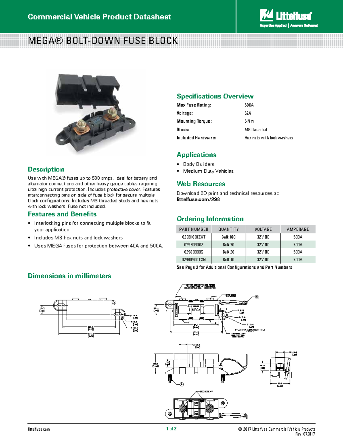 Littelfuse fuse holder MEGA 298 bolt down datasheet - © 2017 Littelfuse ...