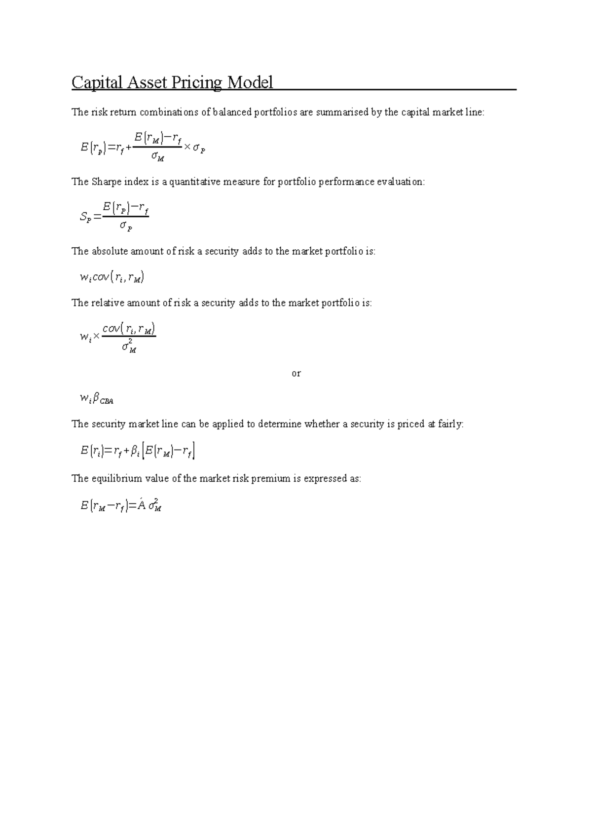 Practical - Formula Sheet - Capital Asset Pricing Model The risk return ...