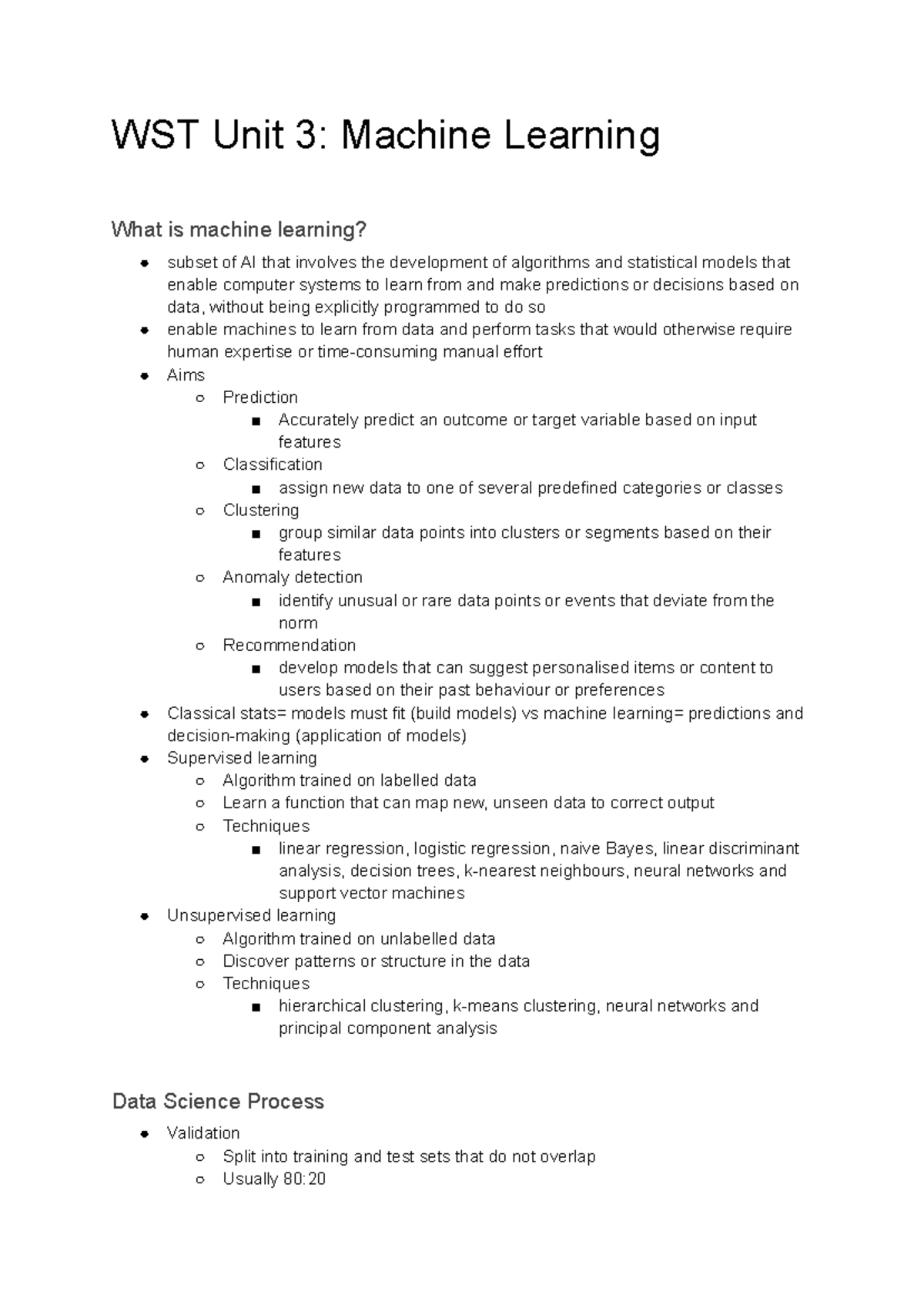 WST Sem Test 2 Notes - WST Unit 3: Machine Learning What is machine ...