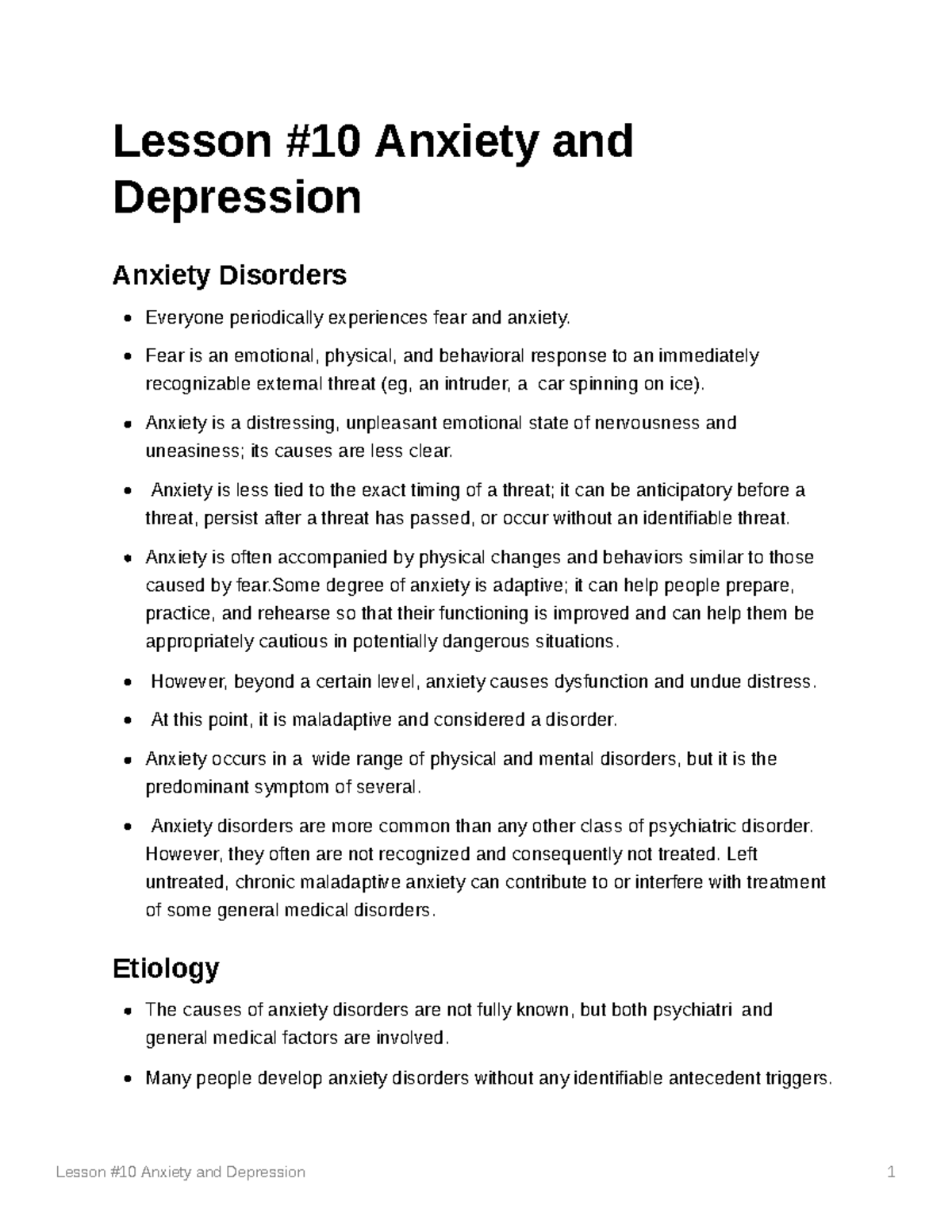 Lesson 10 Anxiety and Depression - Lesson #10 Anxiety and Depression ...