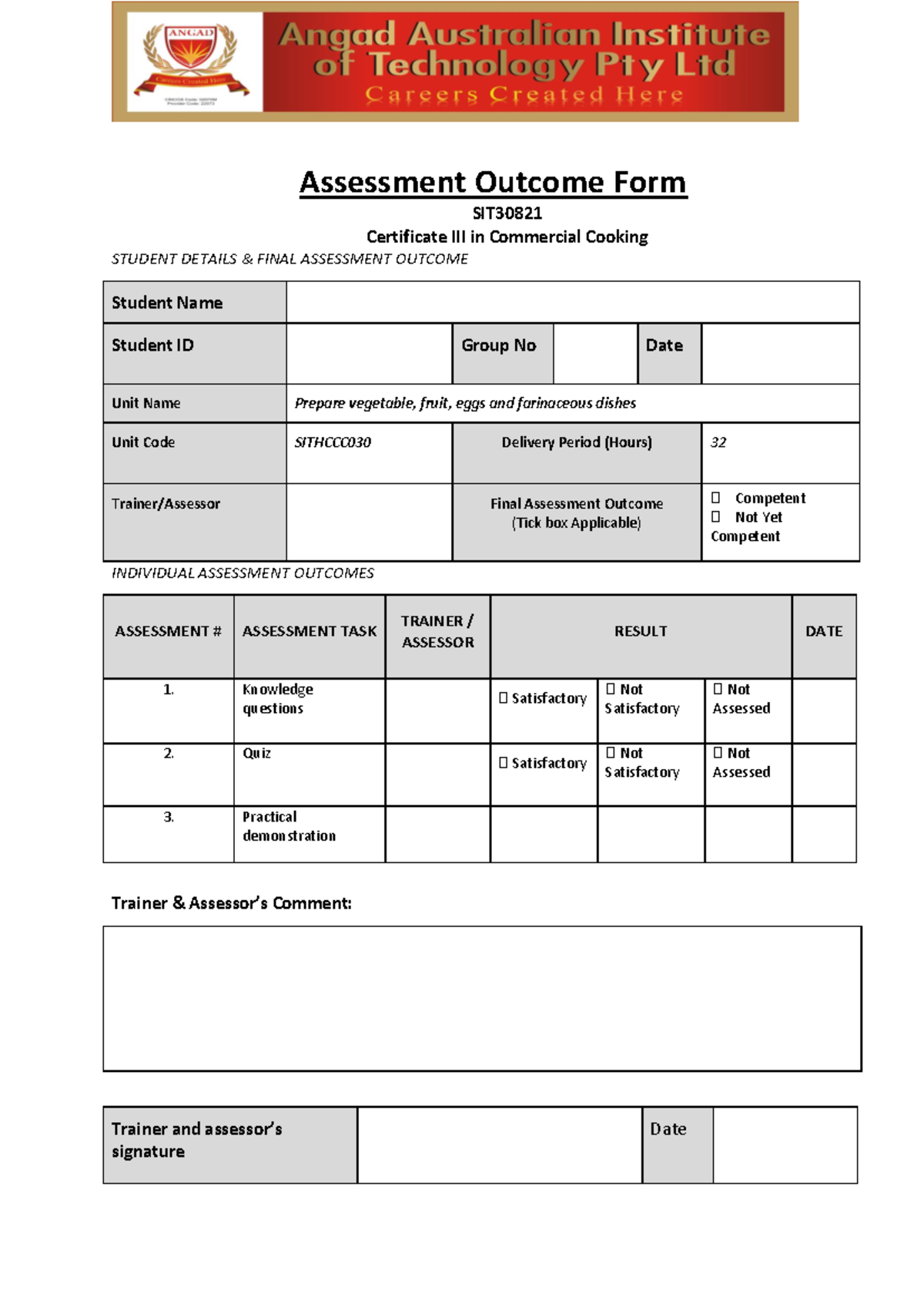SAB Sitccc 030 June 2023 Student version - Assessment Outcome Form SIT ...