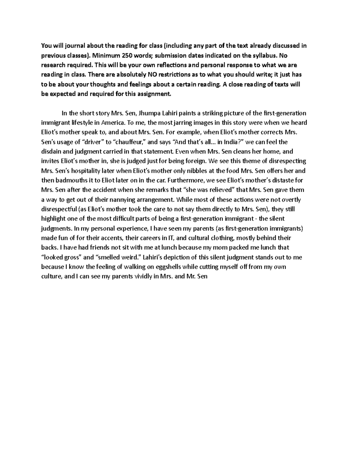 Reading Journal #1 - You will journal about the reading for class ...